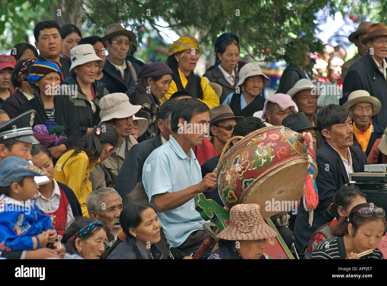 Crowd of Tibetans at a festival during Shoton celebrations Lhasa Tibet ...