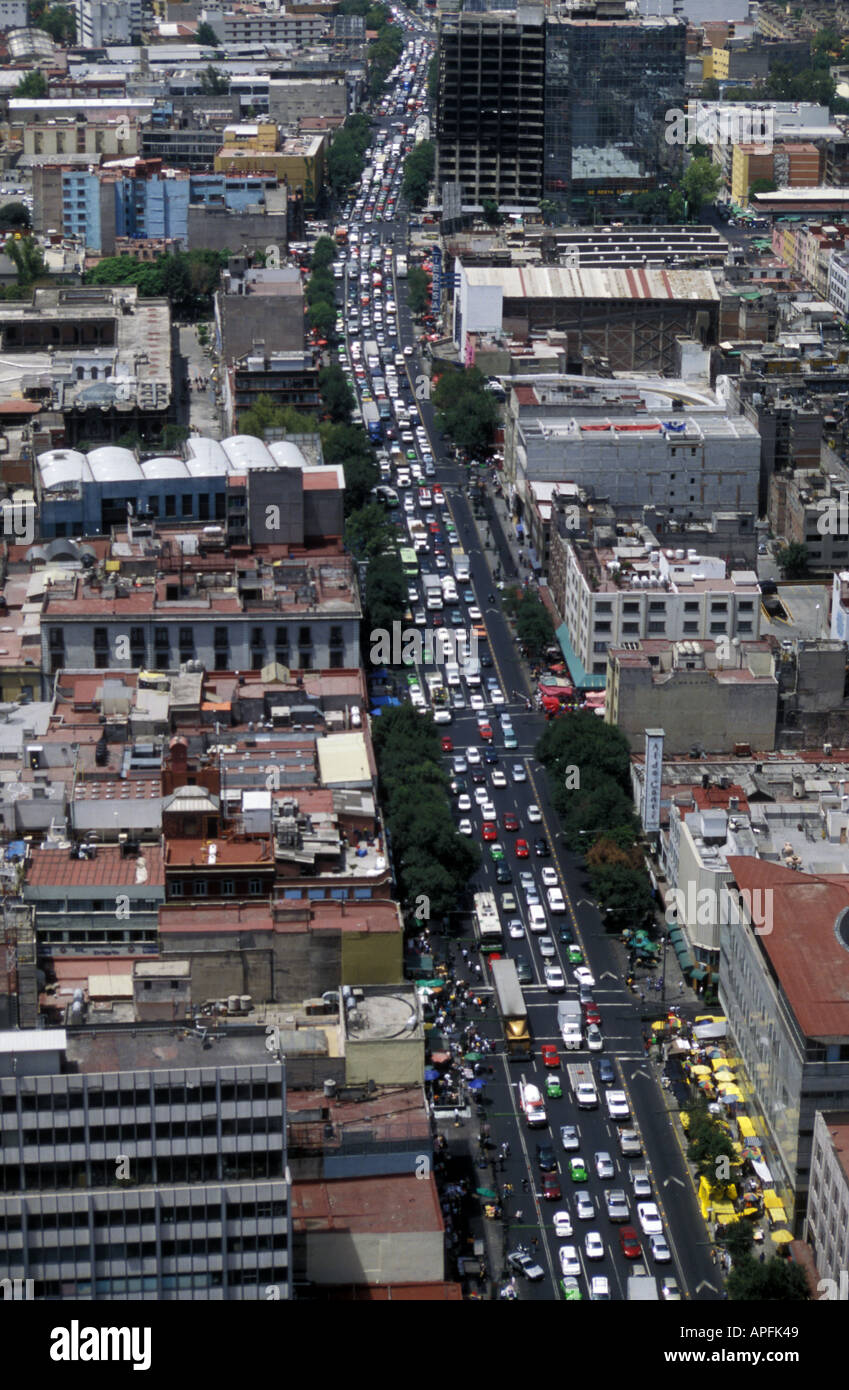 Aerial view of traffic in central Mexico City looking south from Torre ...