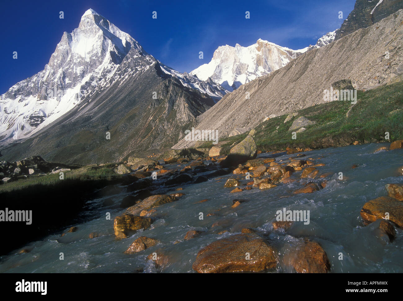 Snow capped peak of Mount Shivling (6543m) high in the Indian, Himalaya ...
