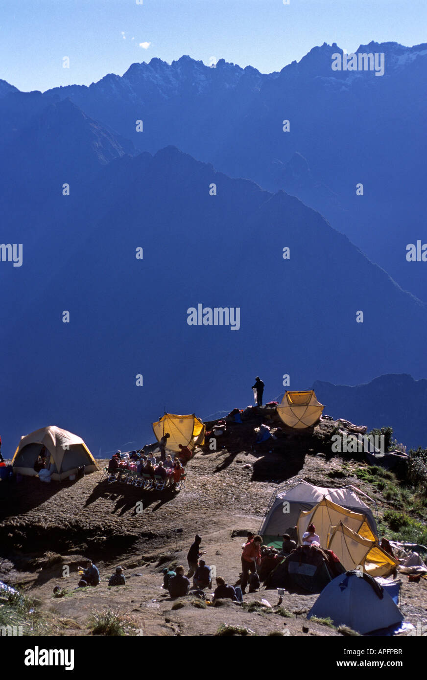 Hikers at breakfast on Inca Trail Cuzco department Peru Stock Photo - Alamy