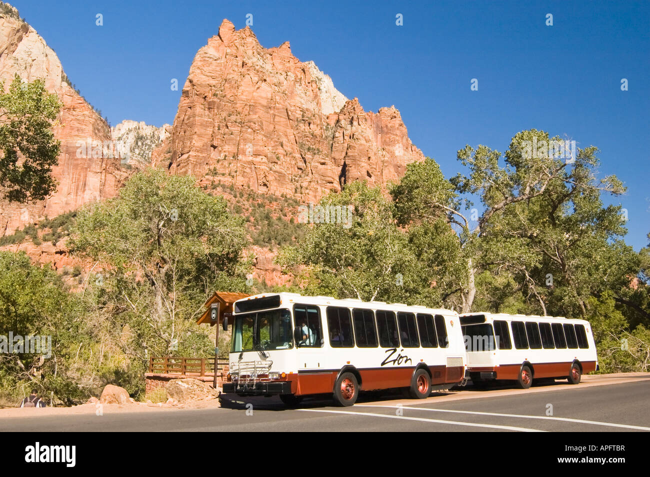 A propane fueled shuttle bus on the scenic drive in Zion National Park ...
