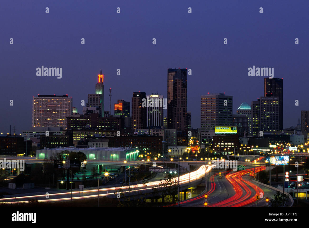 SKYLINE OF ST.PAUL, MINNESOTA AND FREEWAY TRAFFIC LIGHTS AT NIGHT Stock ...