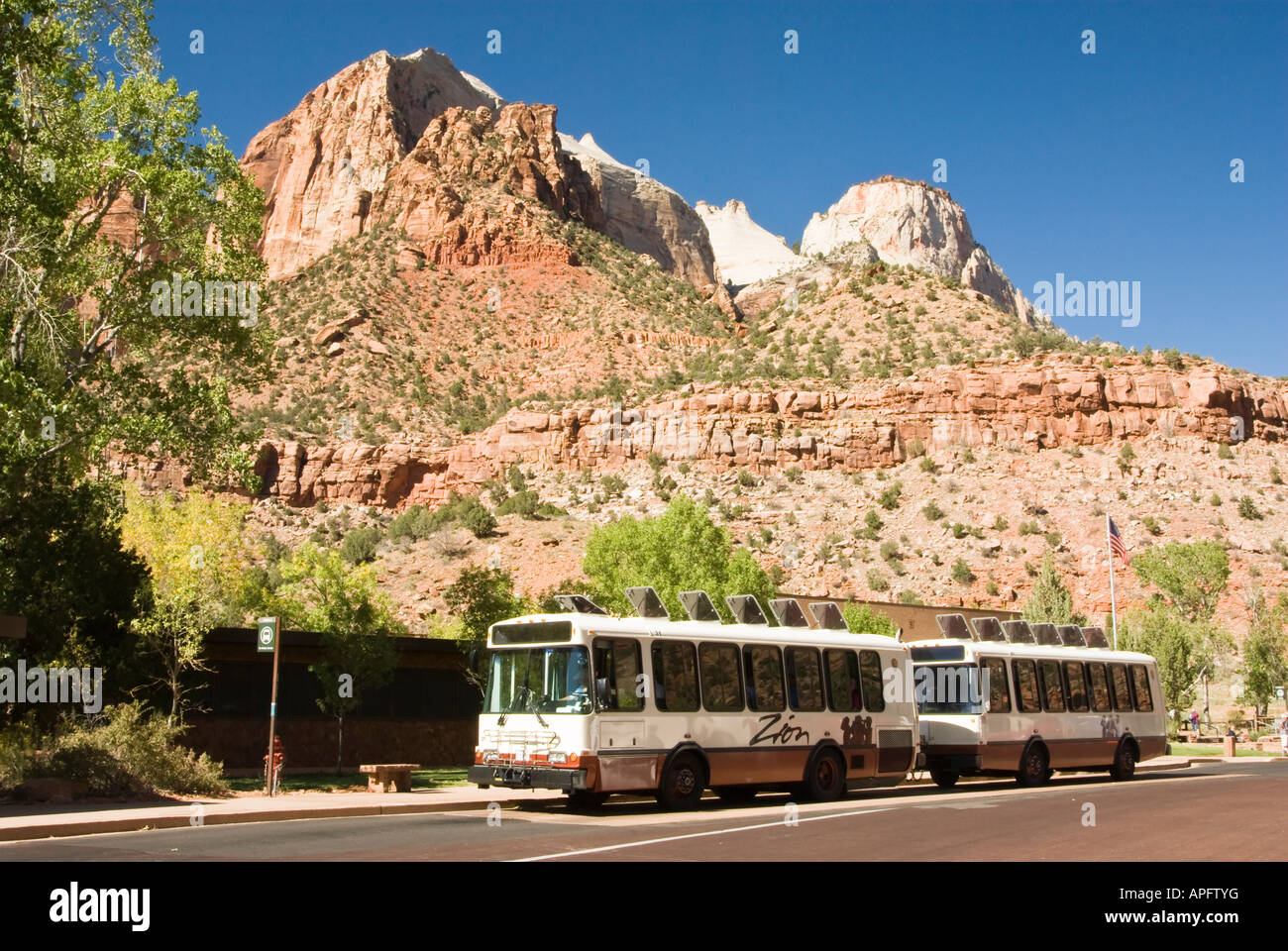 A propane fueled shuttle bus stops along the scenic drive in Zion ...