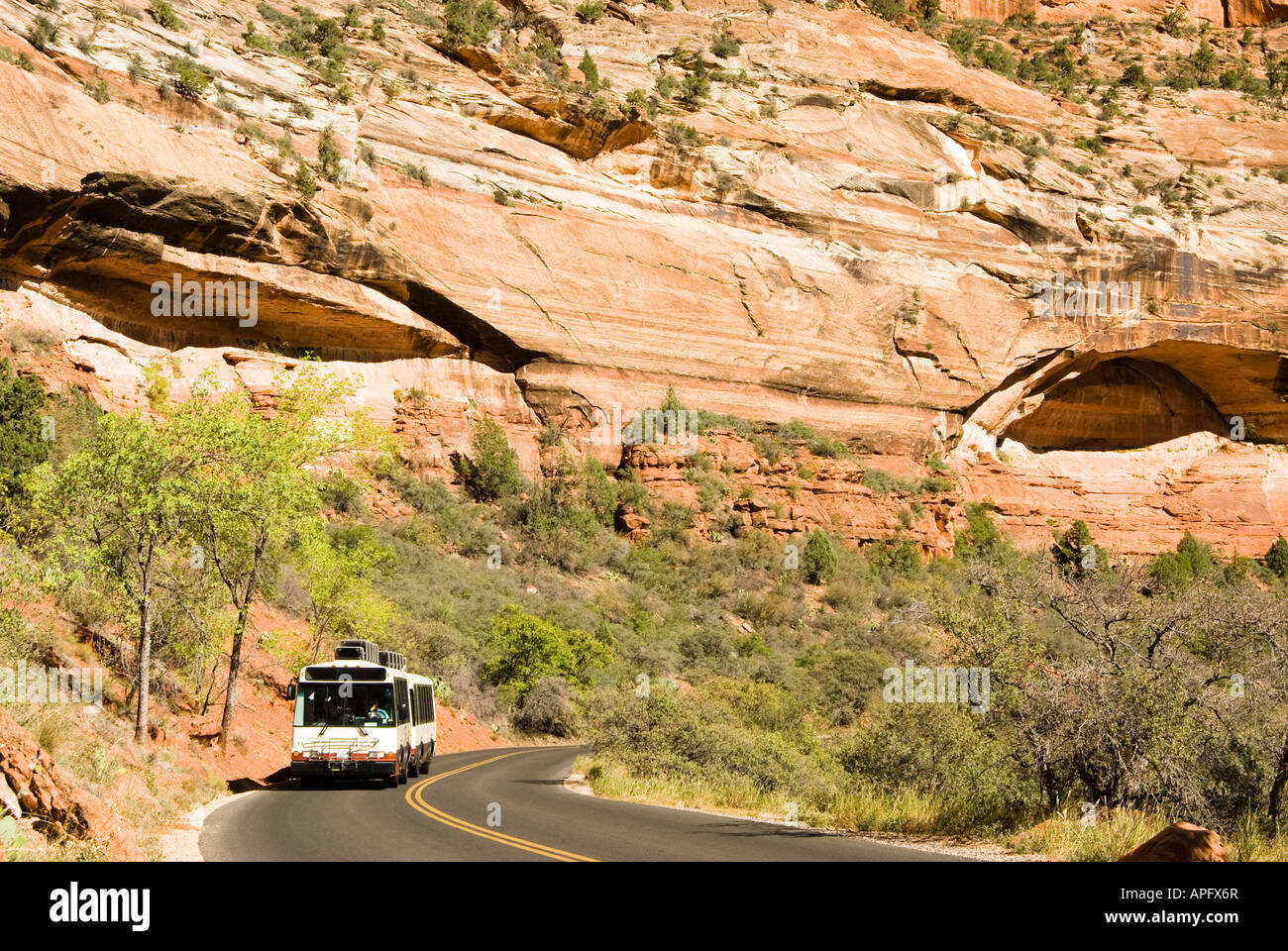 A propane fueled shuttle bus on the scenic drive in Zion National Park ...
