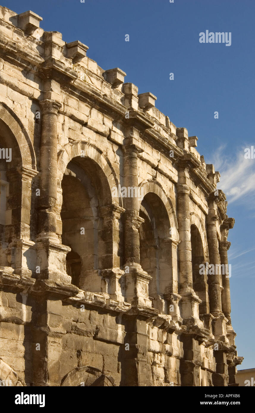 Detail from the exterior of Les Arenes Roman amphitheatre Nimes Gard ...
