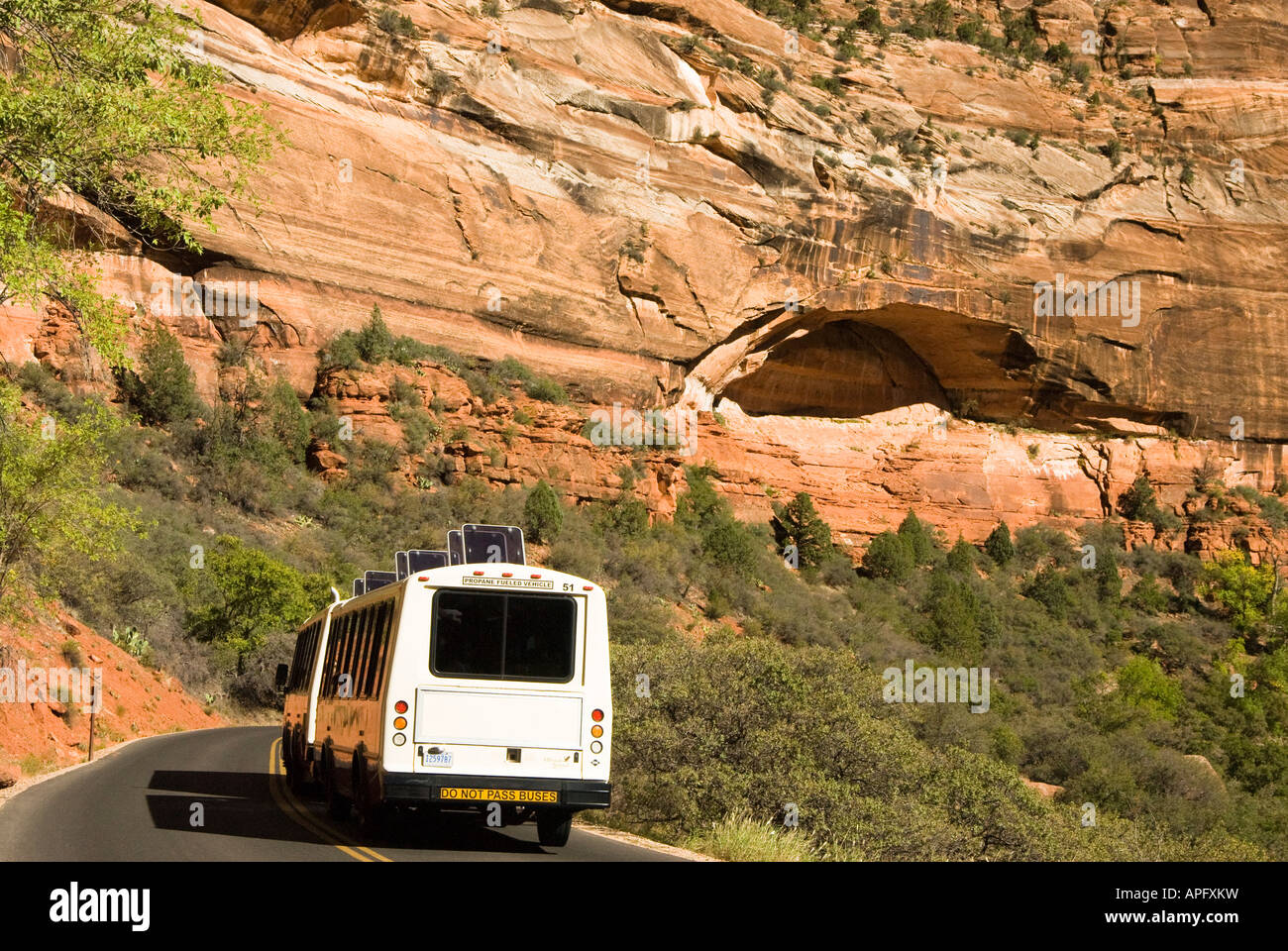 A propane fueled shuttle bus on the scenic drive in Zion National Park ...
