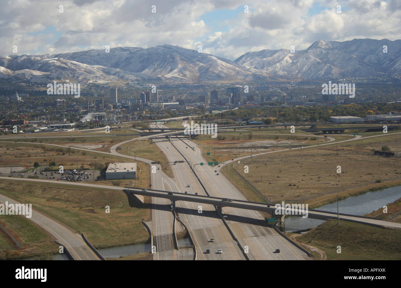 aerial view of interstate 80 leading to Salt Lake City Utah with snow ...