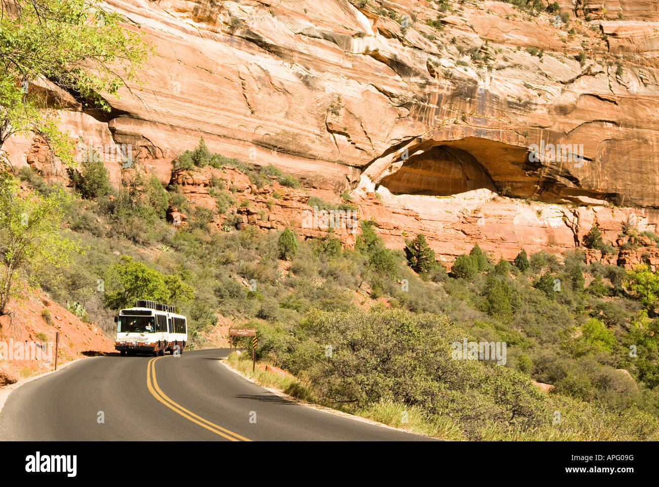 A propane fueled shuttle bus on the scenic drive in Zion National Park ...