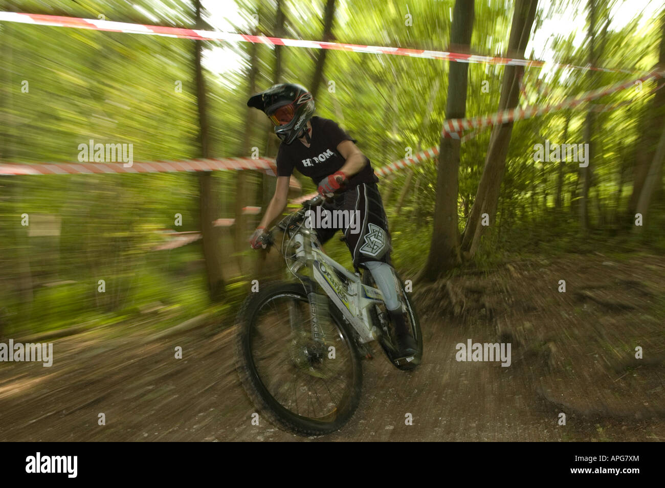 Mountain Biker racing through a wood Stock Photo - Alamy