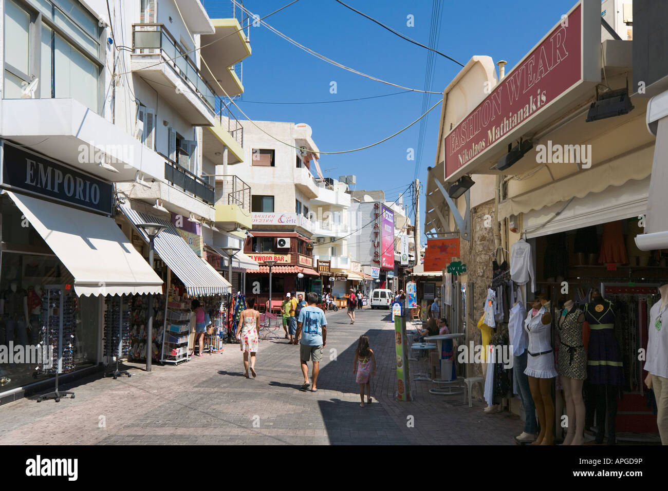 Shops in the resort centre, Hersonissos, North Coast, Crete, Greece ...