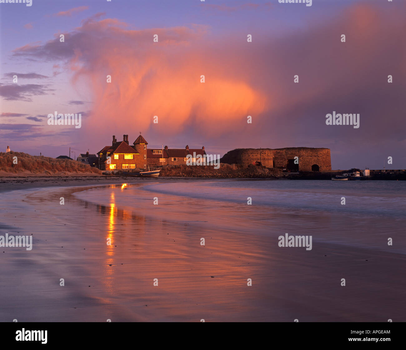 Beadnell Bay beach, harbour and lime kilns on the Northumberland coast ...