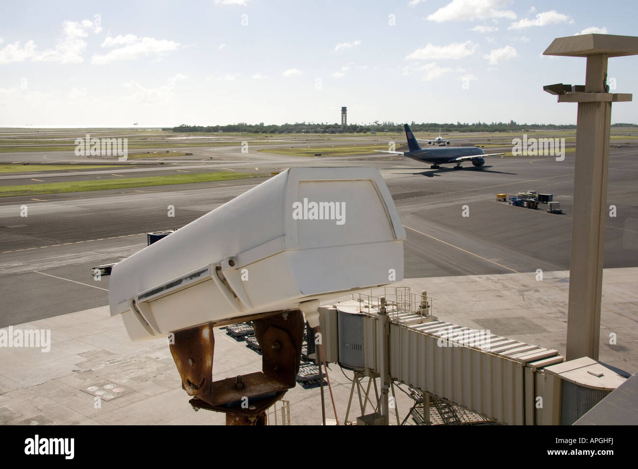 Airport security camera and plane on runway Stock Photo - Alamy