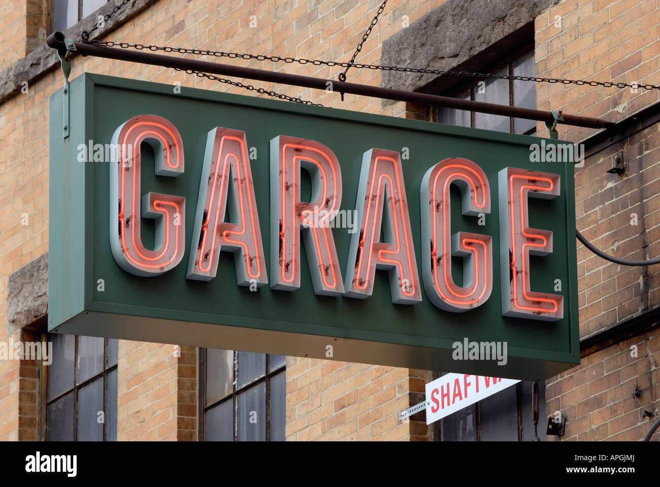Illuminated Garage sign New York Stock Photo - Alamy