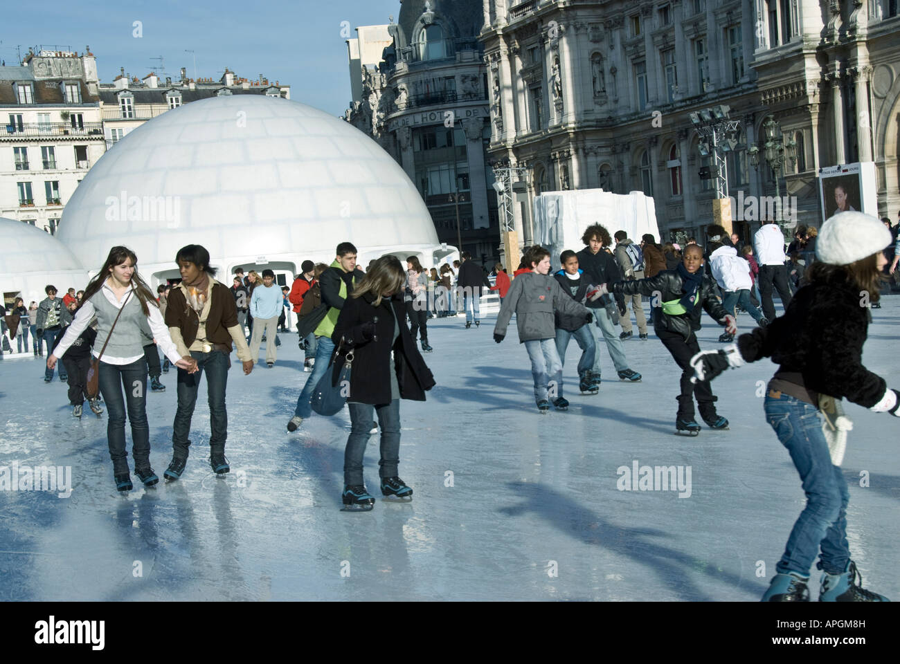 Paris France, Large Crowd People, Families, Public Ice Skating on ...