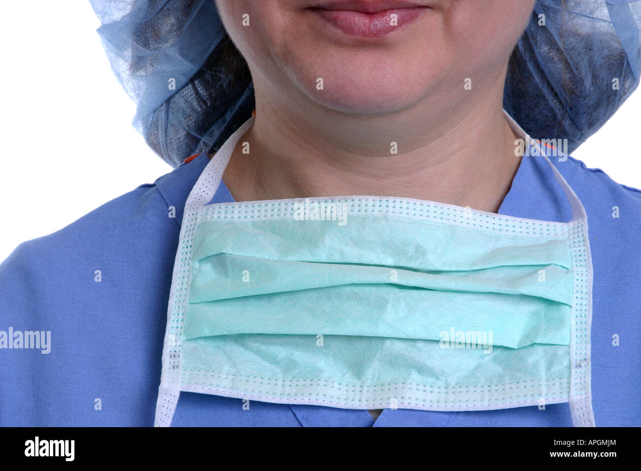 Closeup of a surgical mask worn by a nurse or surgeon on a white ...