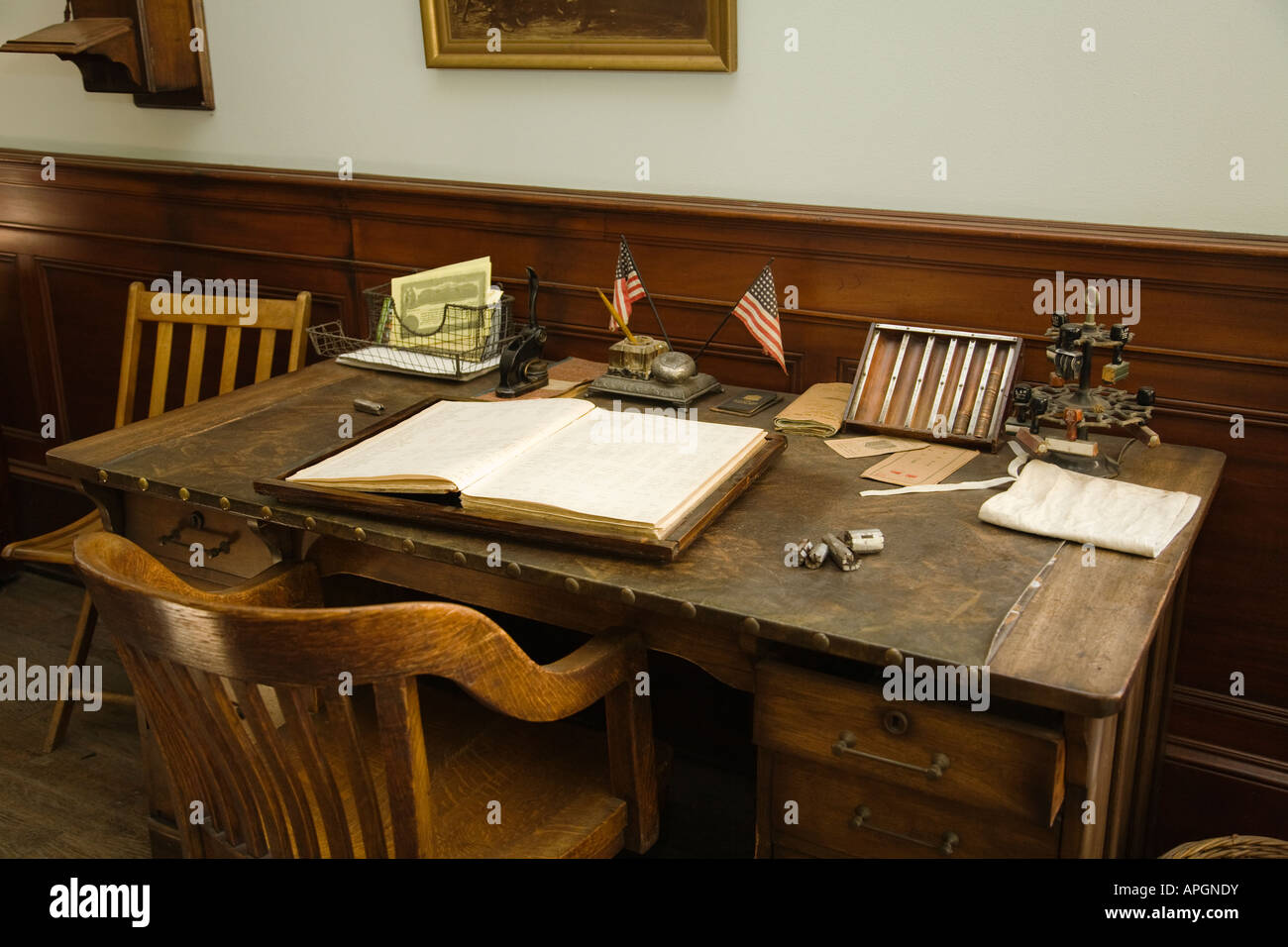 ILLINOIS Rockford Wooden desk with ledger rubber stamps and flags old ...