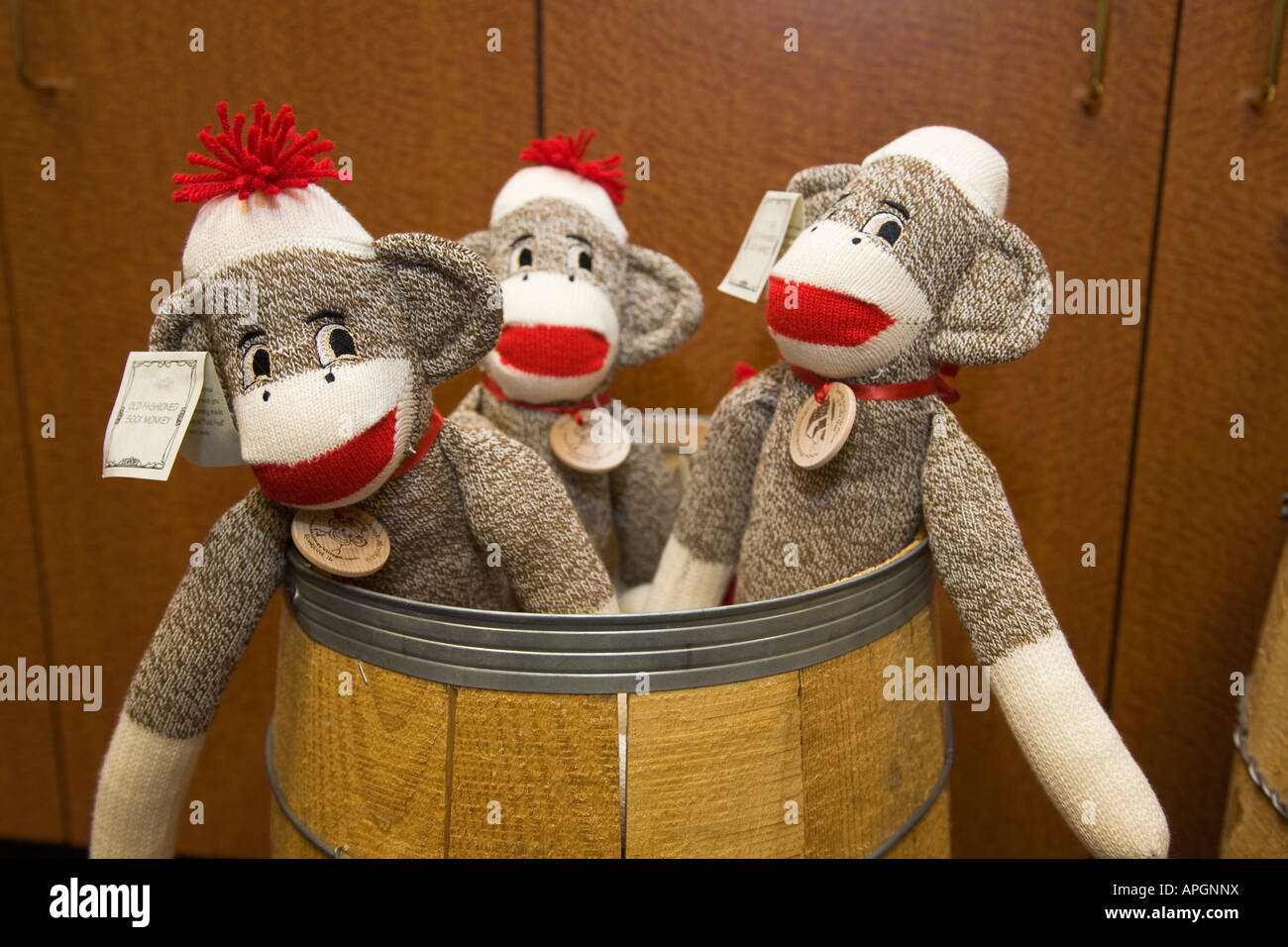 ILLINOIS Rockford Three Sock monkeys display in barrel Midway Village ...