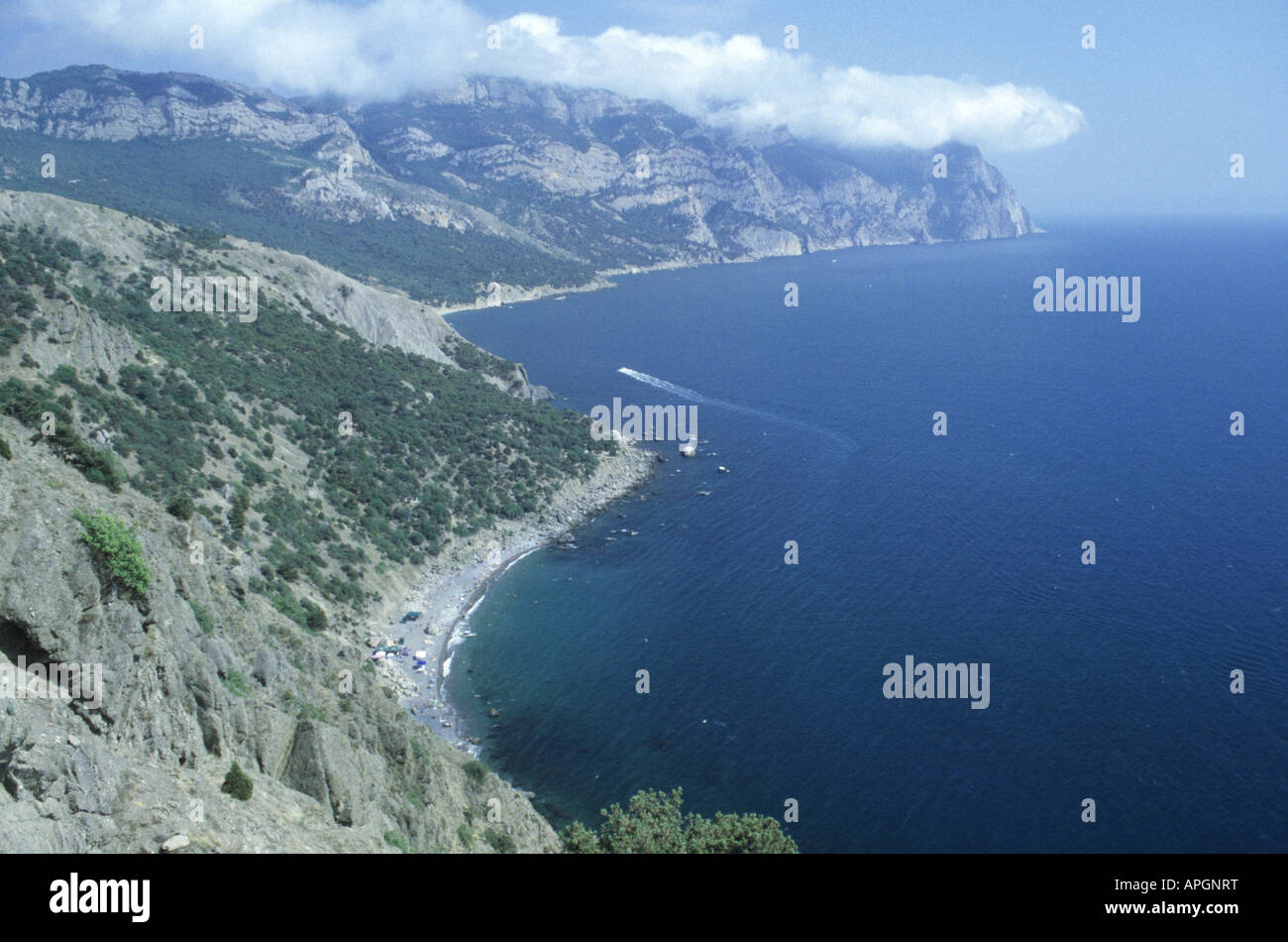 Cliffs and beach near entrance Balaclava bay Black Sea Crimea Ukraine ...