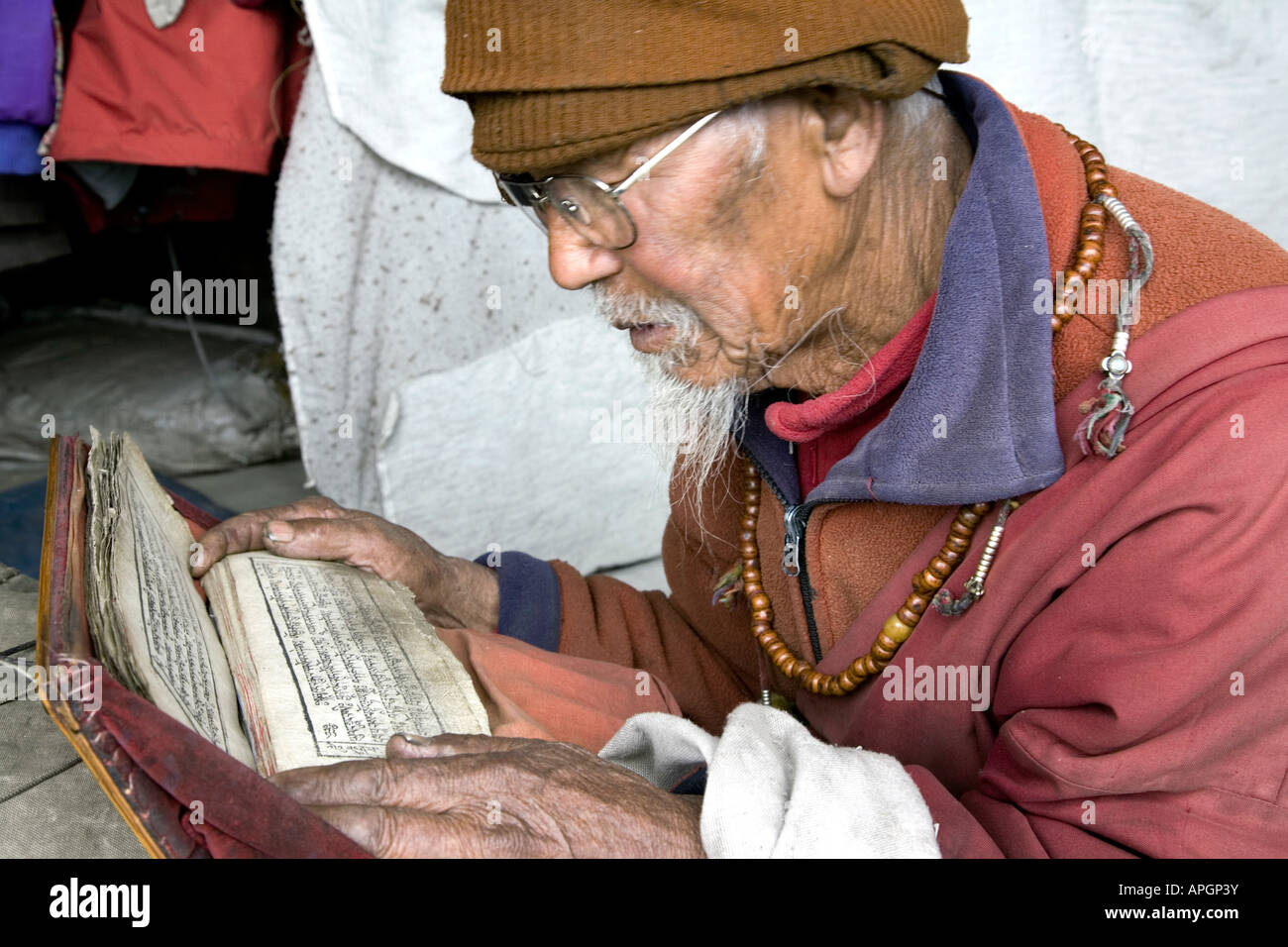 Lama Tashi reading a sacred text. Praken Gompa. North of Manang. Nepal ...
