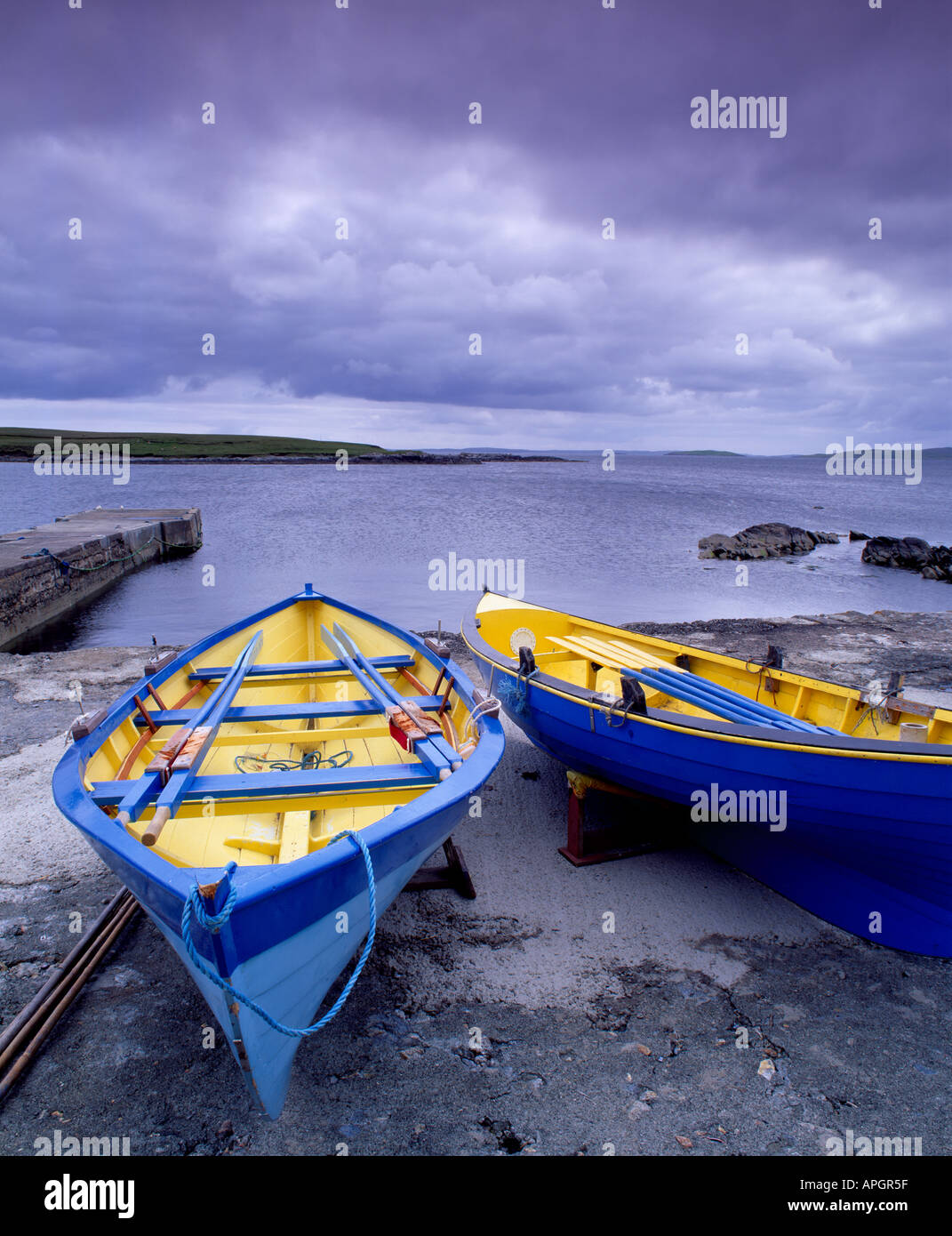 Traditional two prowed fishing boats at Burravoe, Yell, Shetland, UK ...