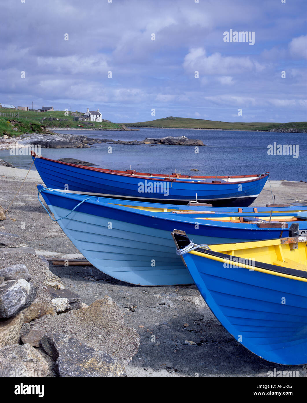 Traditional two prowed fishing boats at Burravoe, Yell, Shetland, UK ...