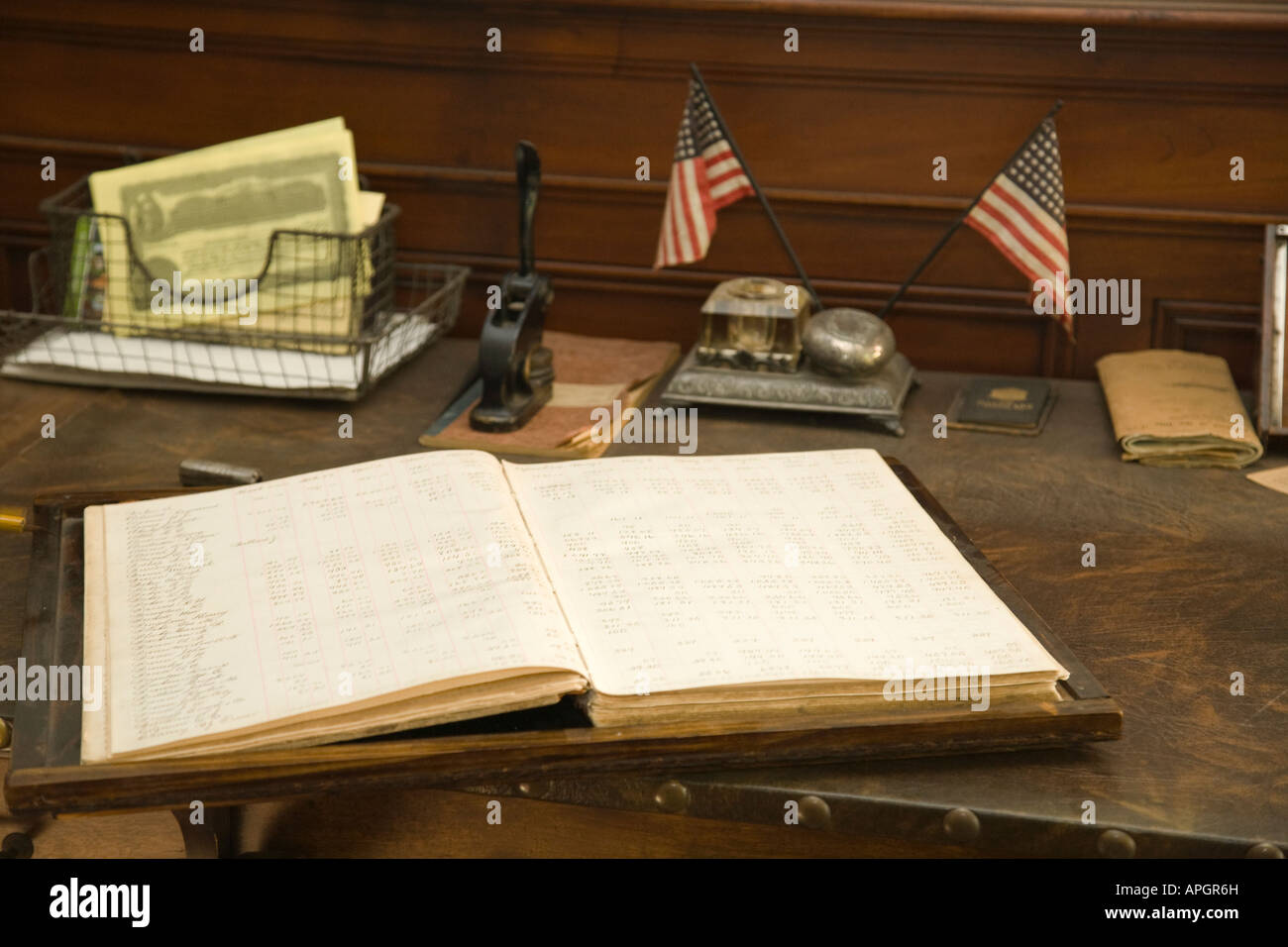ILLINOIS Rockford Wooden desk with ledger rubber stamps and flags old ...