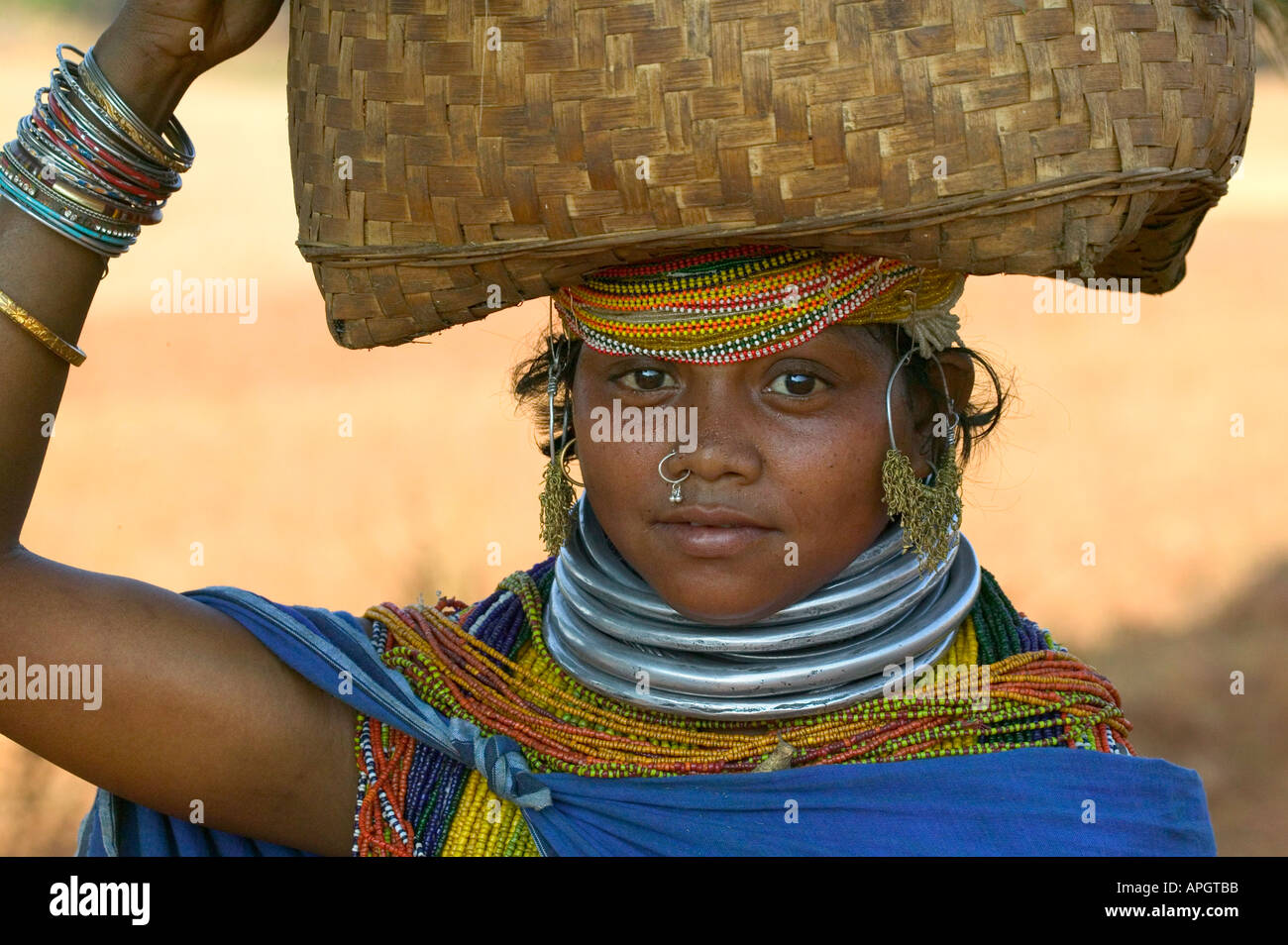 Portrait of a Bondo woman in traditional bead costume Orissa India ...