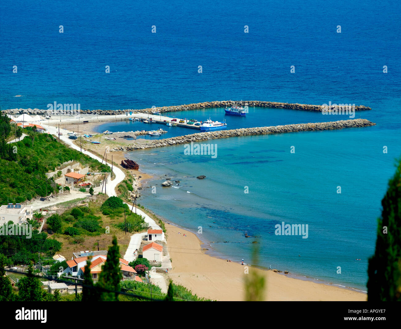 Mathraki Island harbour viewed from above Stock Photo - Alamy