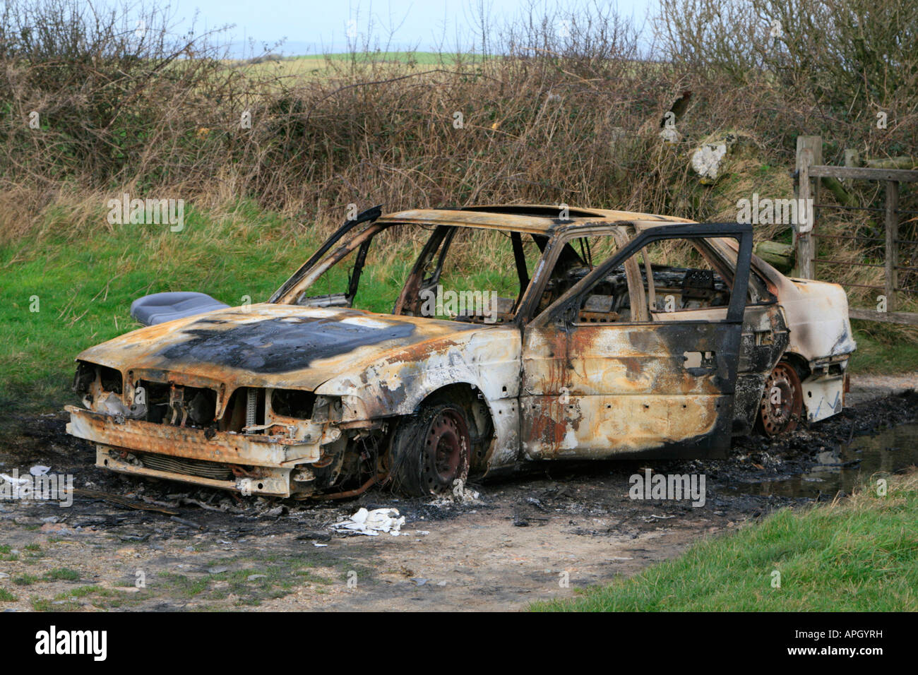 burnt out abandoned car wreck english countryside england uk gb Stock ...
