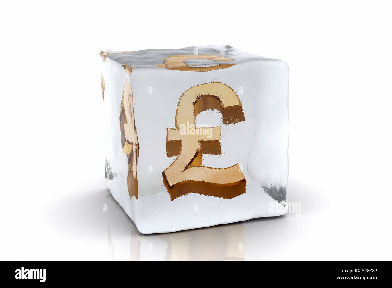 A golden Pound symbol frozen inside an ice cube (3D rendering Stock ...