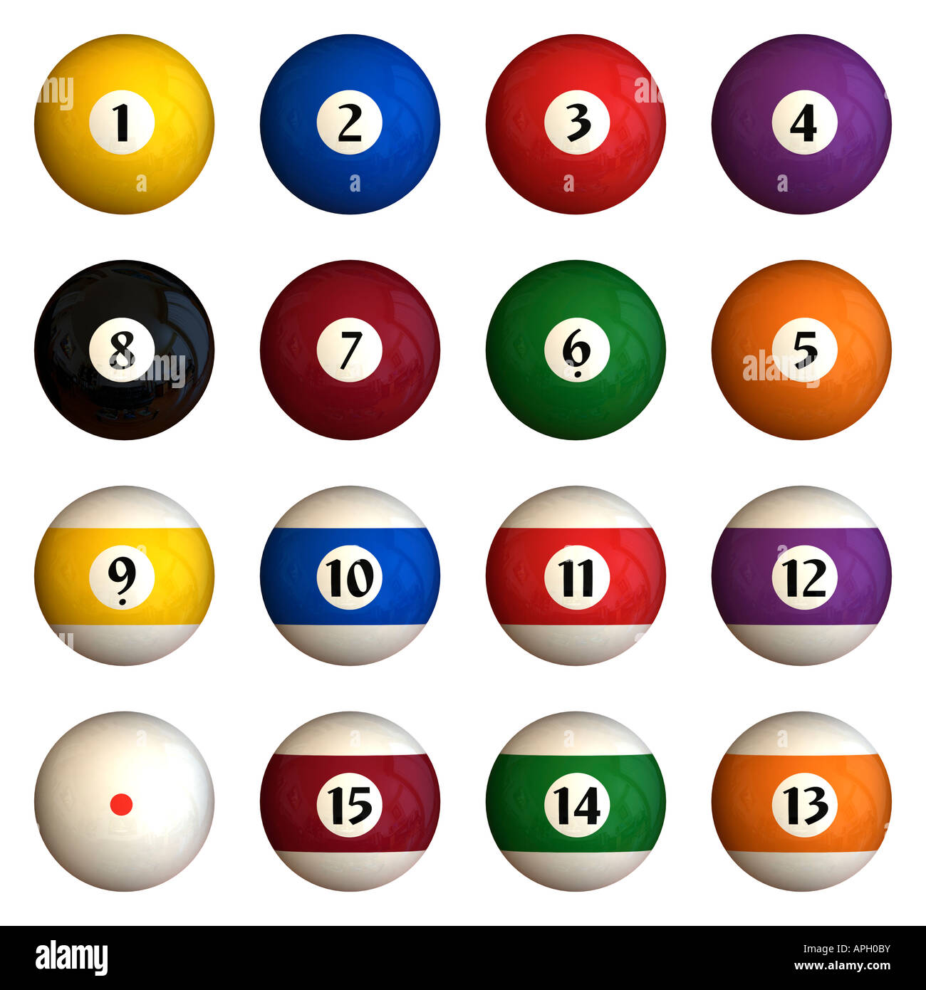 Sixteen pool balls isolated on a white background (3D rendering Stock ...
