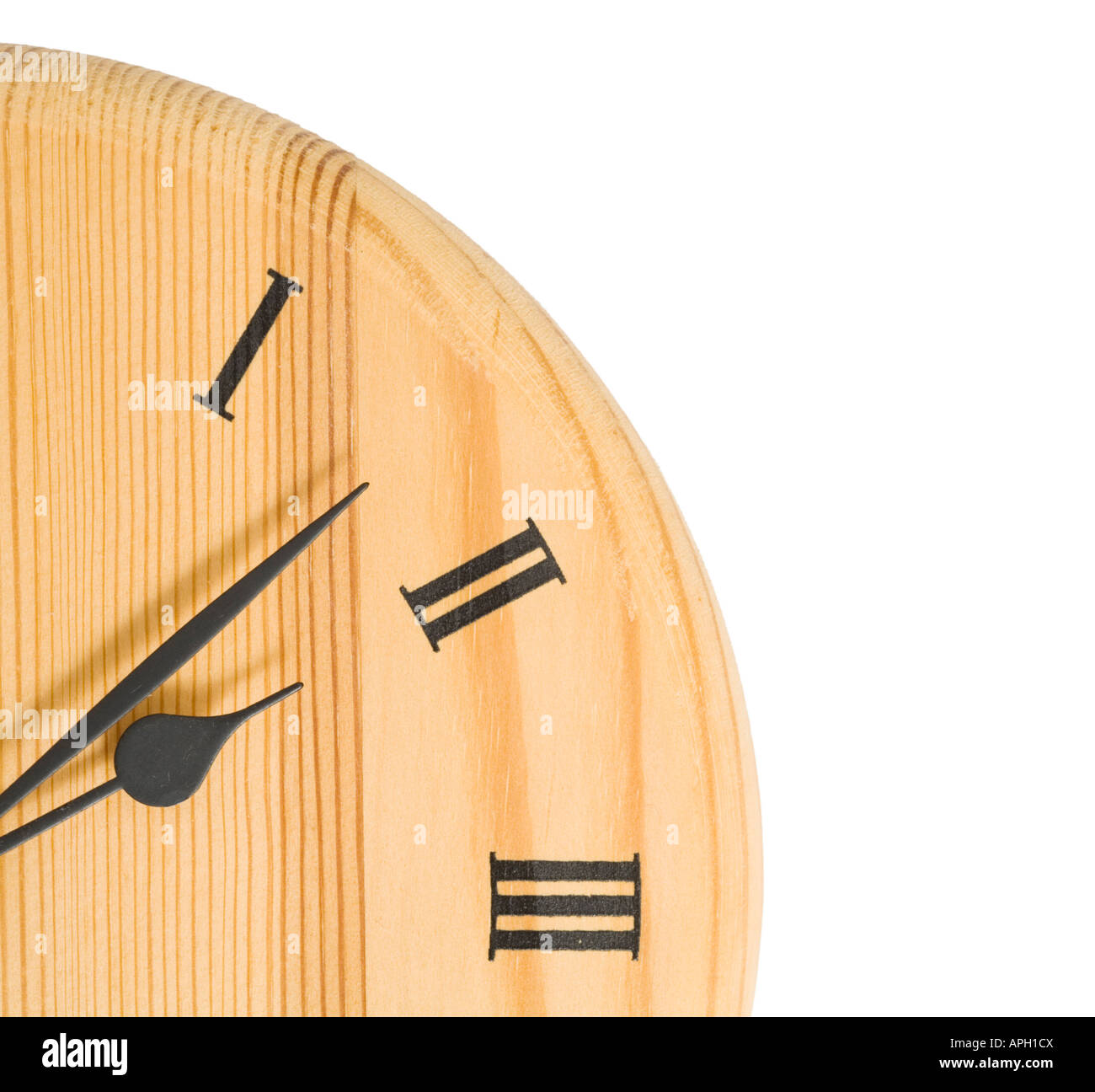 Modern style wooden clock face cropped with copy space, isolated on ...