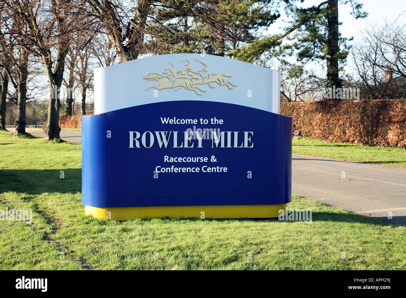 Rowley Mile Racecourse sign at the entrance to the main racecourse ...