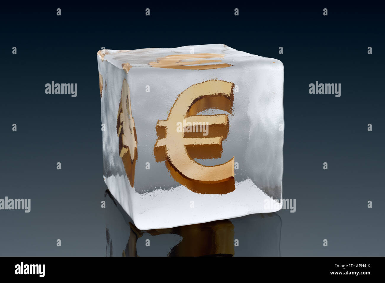 A golden Euro symbol frozen inside an ice cube (3D rendering Stock ...