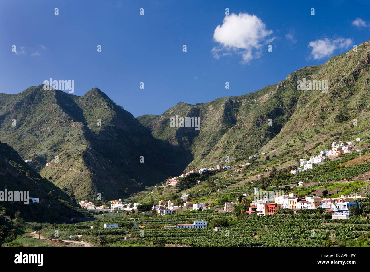 Spain, Canary Islands, La Gomera, View of the valley of Hermigua which is best known for its ...