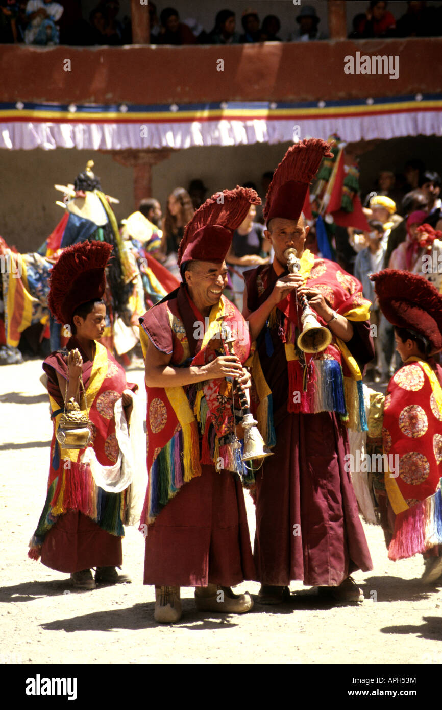 Buddhist monks wearing colorful traditional hats during a big festival ...
