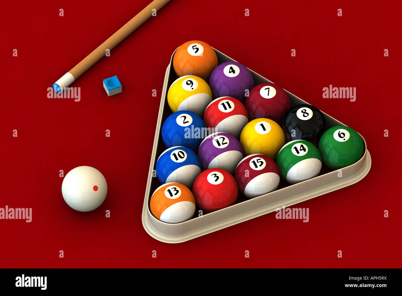 Racked pool balls a cue stick and a pool chalk block on a red table (3D ...