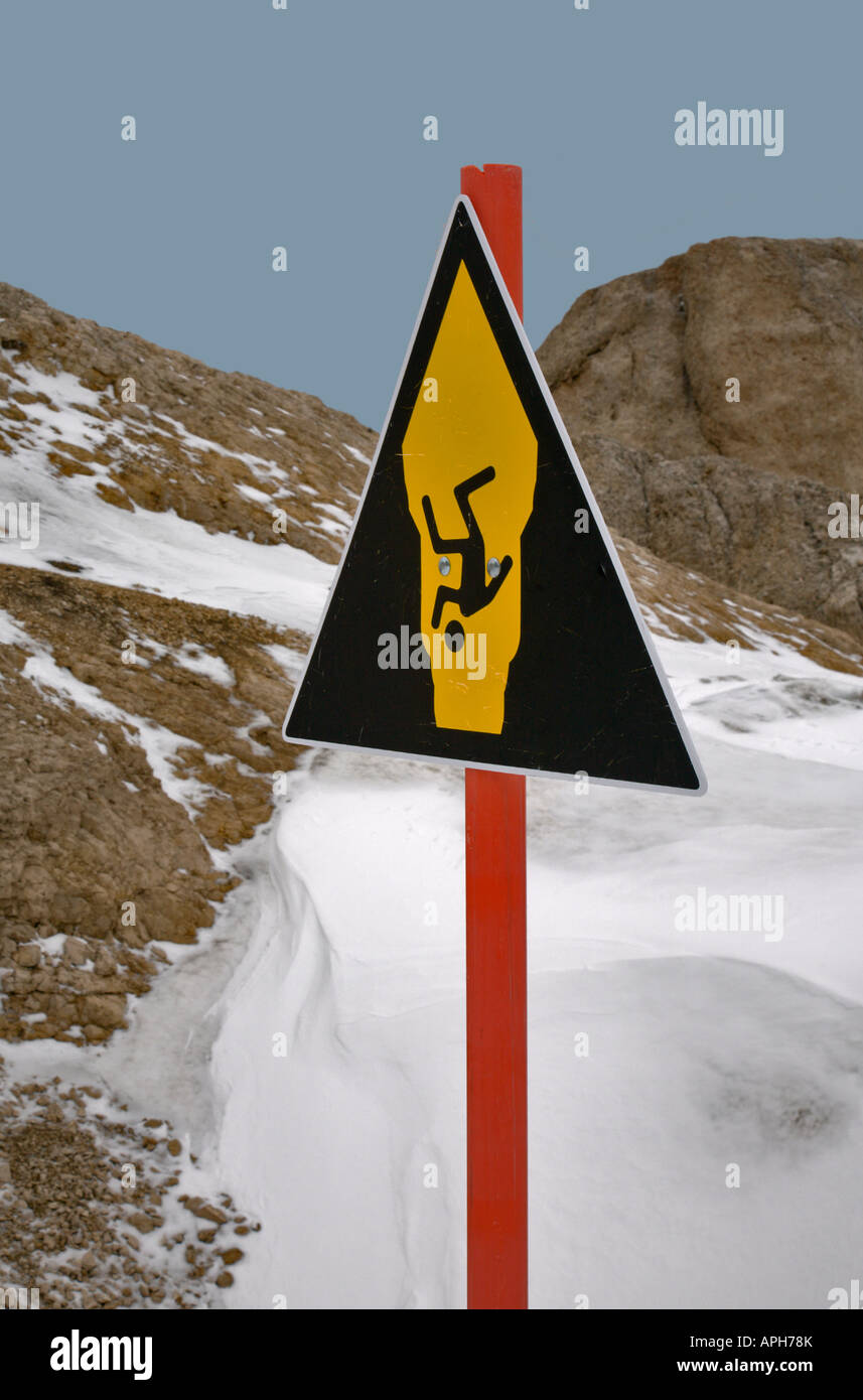 Hazard Sign warning of dangerous Crevasses, Dolomites, Italy Stock ...