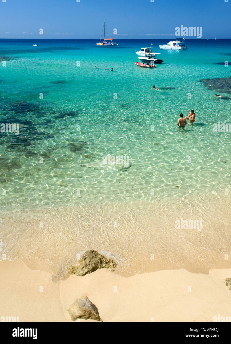 People swimming at Cala Vella beach. South of Mallorca Island. Spain ...