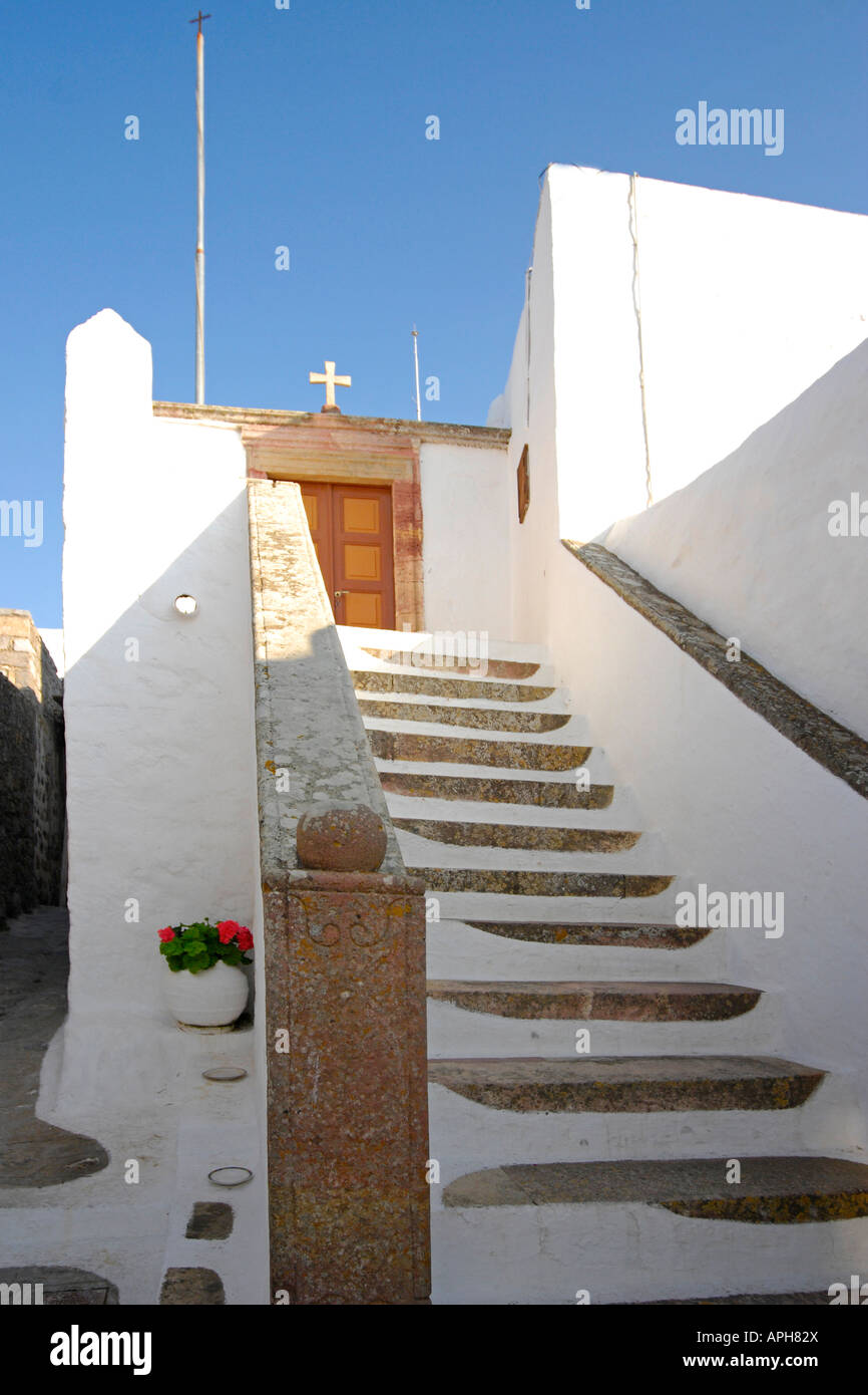 Streets and whitewashed buildings of Hora ( Chora ), Patmos, Dodecanese ...