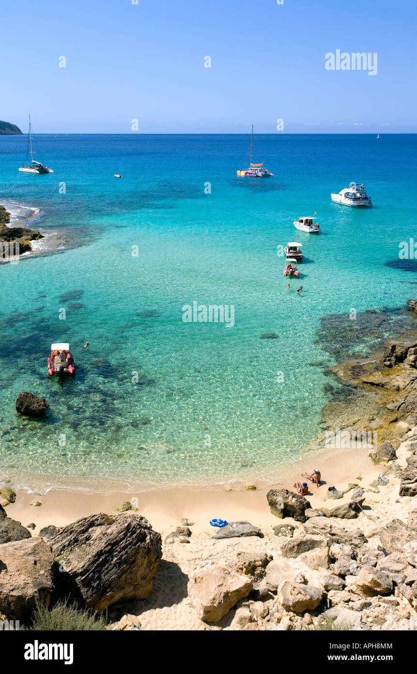 People and boats. Cala Vella beach. South of Mallorca Island. Spain ...