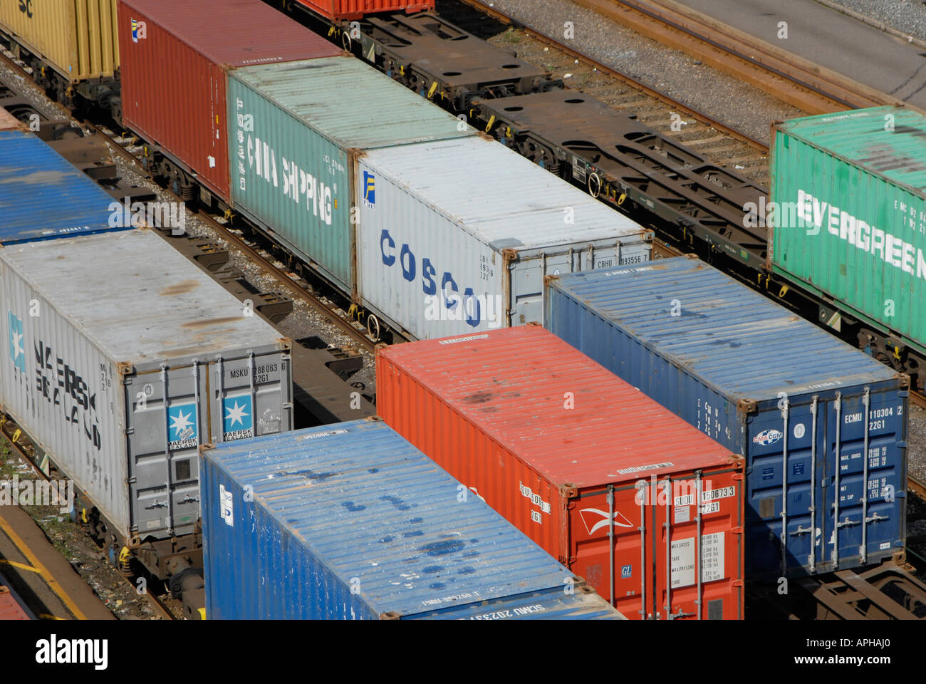 Containers in railway sidings in a rail freight yard in the uk Stock ...
