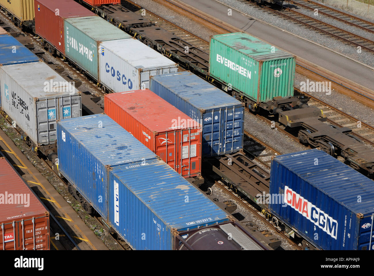 Containers in railway sidings in a rail freight yard in the uk Stock ...
