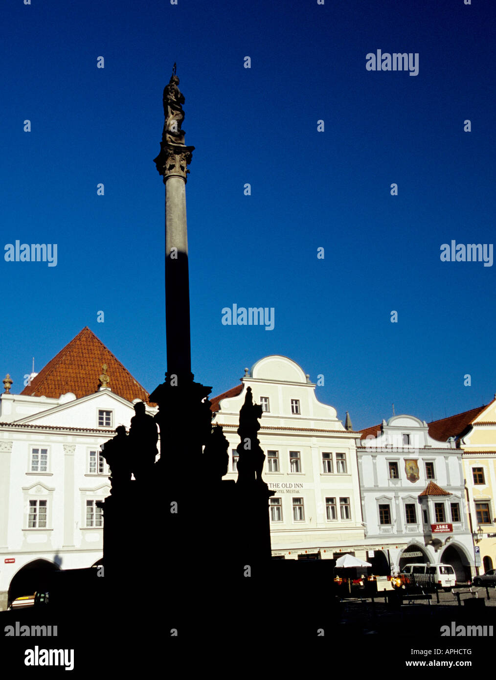 Silhouette shapes of figures on the Plague column in Svornosti Square ...
