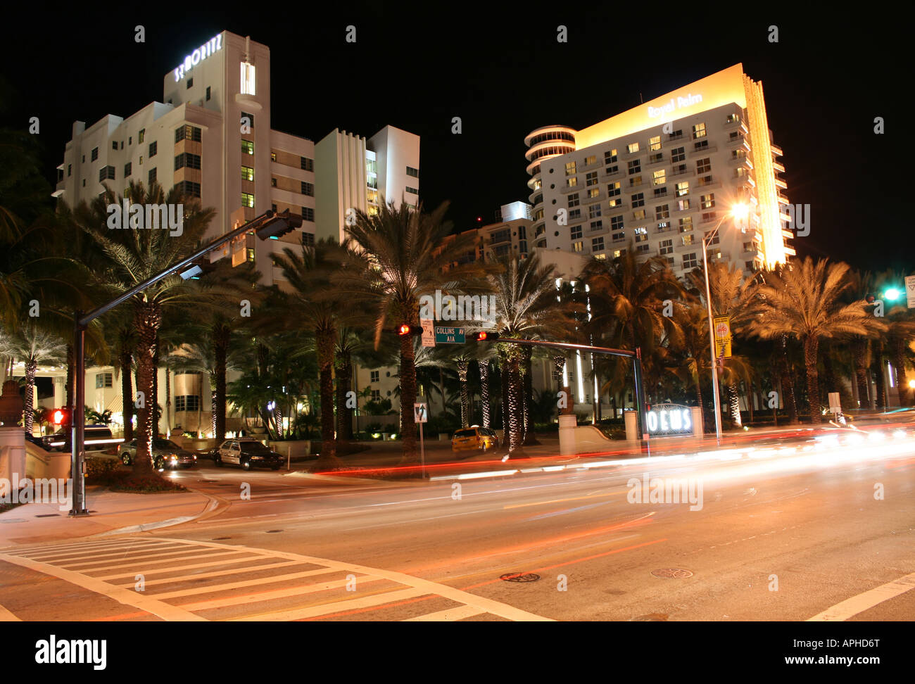 light smears from cars at night on Collins Avenue Miami beach November ...
