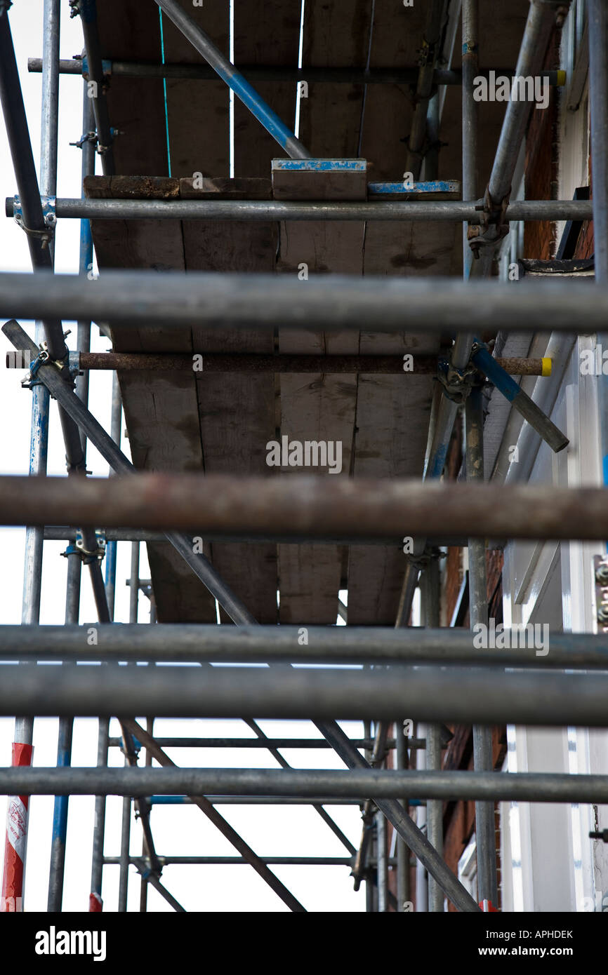 A close-up of scaffolding outside an old building, Guildford, Surrey ...