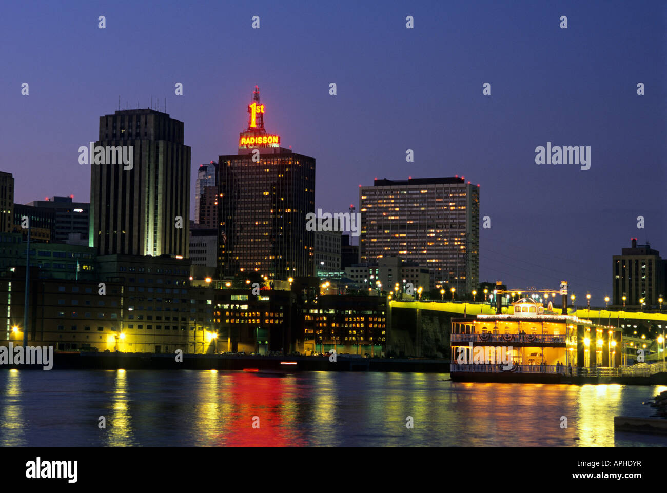 NIGHT SKYLINE OF ST. PAUL, MINNESOTA AND THE MISSISSIPPI RIVER FROM ...