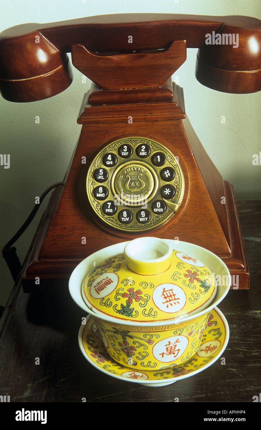 Detail of a wooden telephone and teacups in the Lusong Yuan Hotel on ...