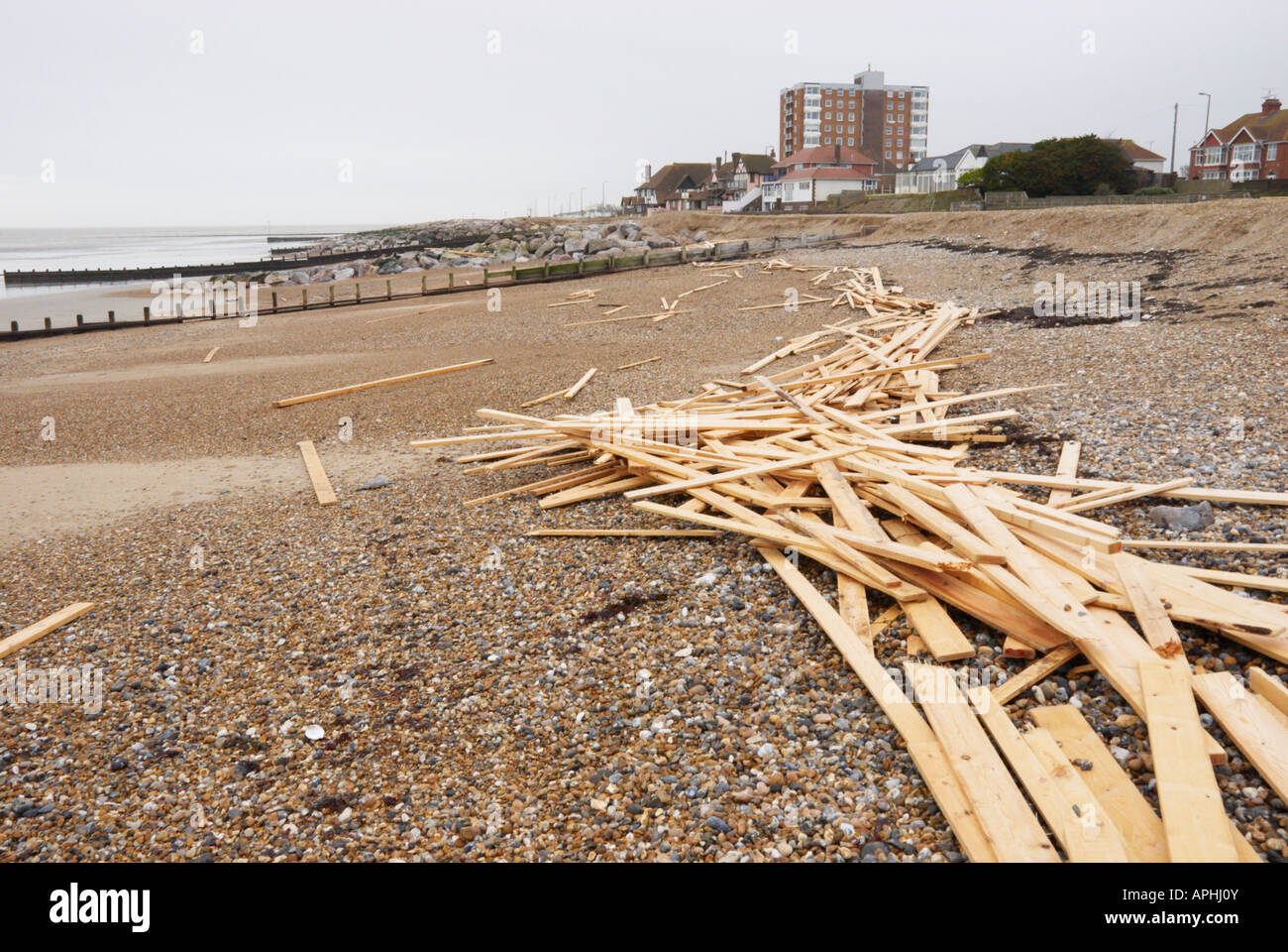 Debris of timber washed up on Lancing and Worthing beaches. The timber ...