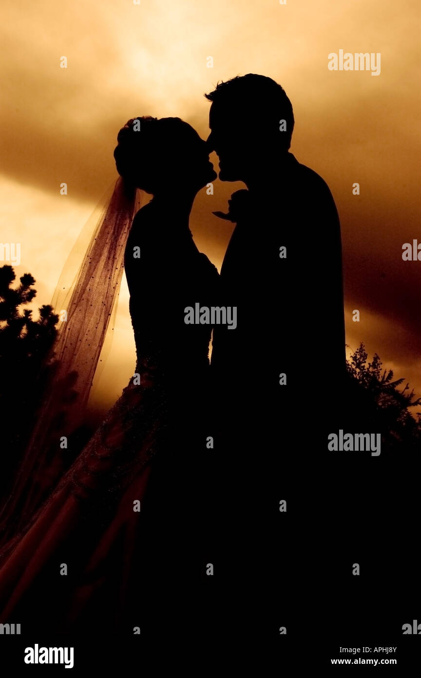 Bride and groom hug after wedding in silhouette at sunset Stock Photo ...